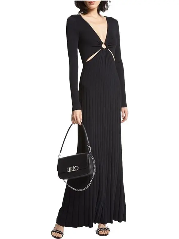 Michael Kors Pleated V-neck Midi Dress - Black