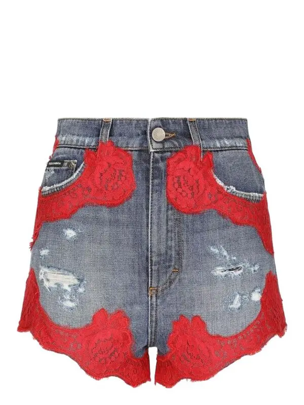 Dolce & Gabbana Floral Lace Distressed Denim Shorts - Gray