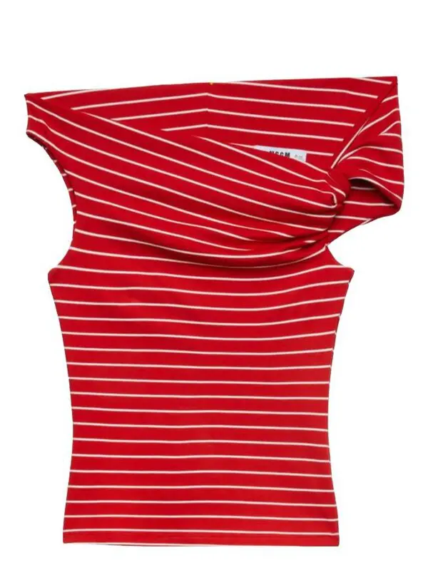 MSGM Off-the-shoulder Striped Top With Logo Patch - Red