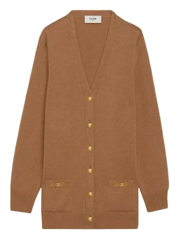 Celine Iconic Cashmere Long Cardigan With Triomphe Chain Detail - Camel
