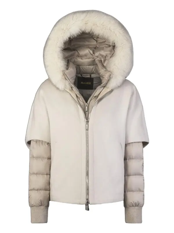 MOORER Detachable Hood Wool Cape With Fox Fur Trim - Marmo