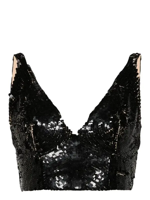 P.a.r.o.s.h Sequined V-neck Cropped Top - Black