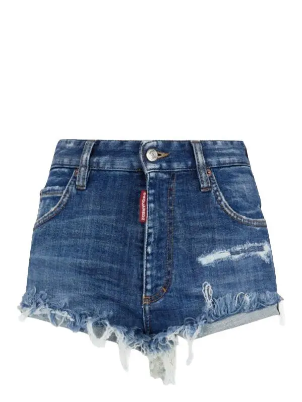 Dsquared2 Medium Wash Trucker Hot Shorts With Raw Edge Hem - Navy Blue