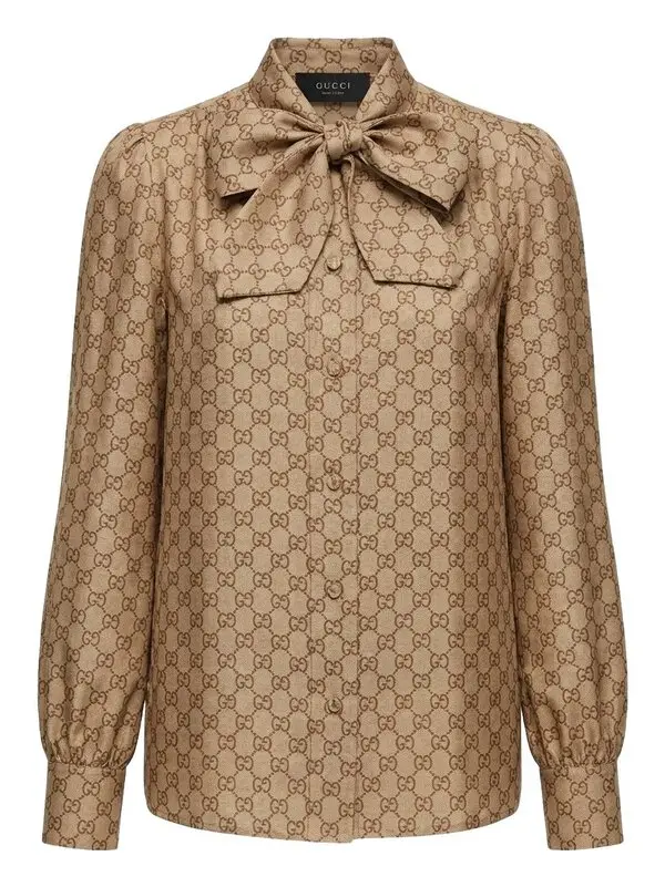 Gucci Allover Gg Print Self-tie Bow Shirt - Sand-colored