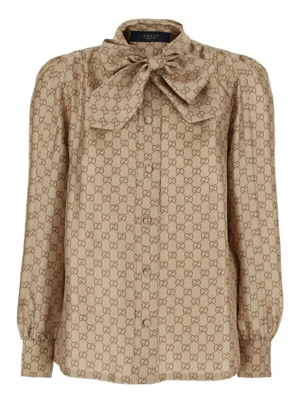 Gucci Allover Gg Print Long-sleeve Twill Shirt With Self-tie Bow - Sand