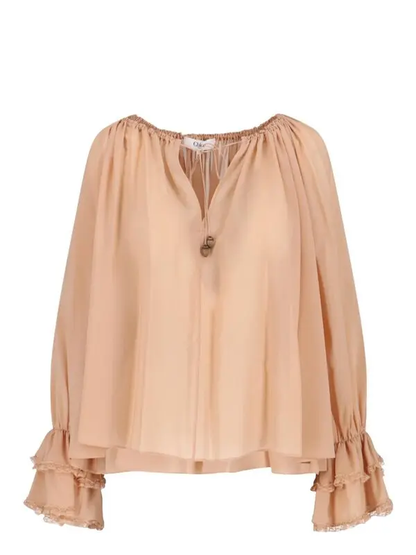 Chloé Gathered V-neck Drawstring Blouse With Ruffle Detail - No