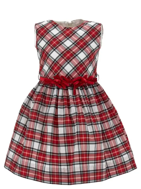Monnalisa Sleeveless Checked Taffeta Dress With Detachable Bow Belt - Red