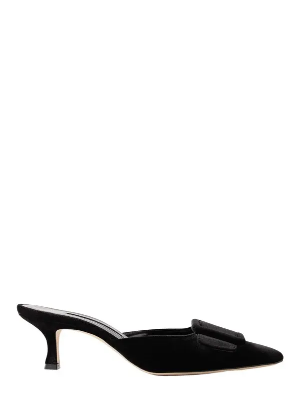 Manolo Blahnik Velvet Pointed Toe Kitten Heel Mules - Black