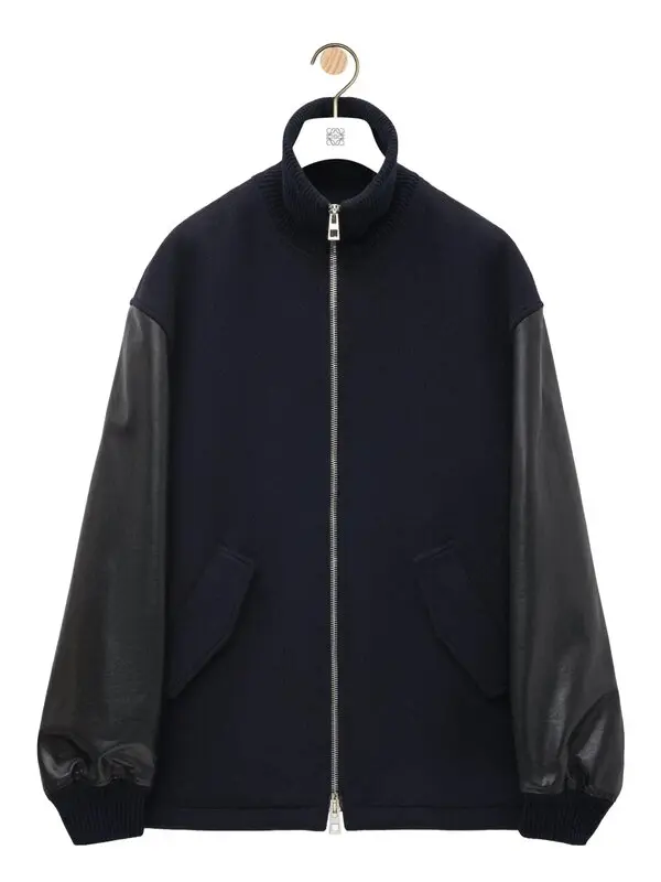Loewe Hybrid Wool And Leather Jacket - Navy Blue/black
