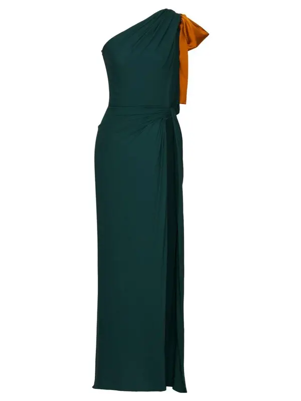 Saint Laurent One-shoulder Draped Silk Maxi Dress With Satin Bow Detail - Emerald