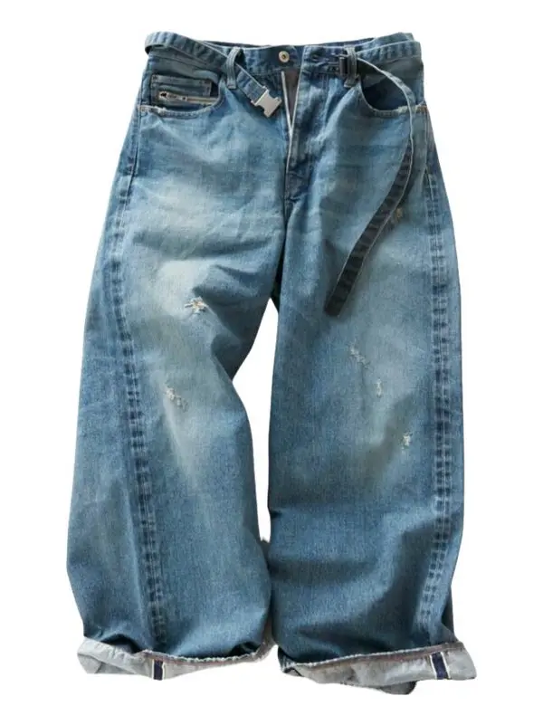 Sacai Wide-leg Jeans With Belt Loops And Distressed Details - Blue