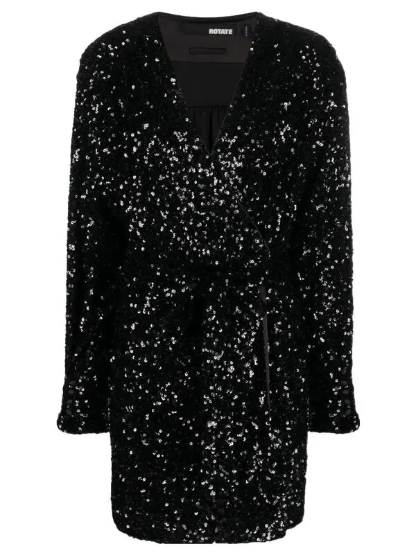 ROTATE BY BIRGER CHRISTENSEN Long-sleeved Sequin V-neck Mini Dress - Black