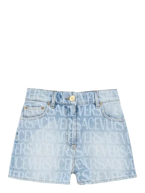 Versace Allover Logo Printed Denim Shorts - Blue