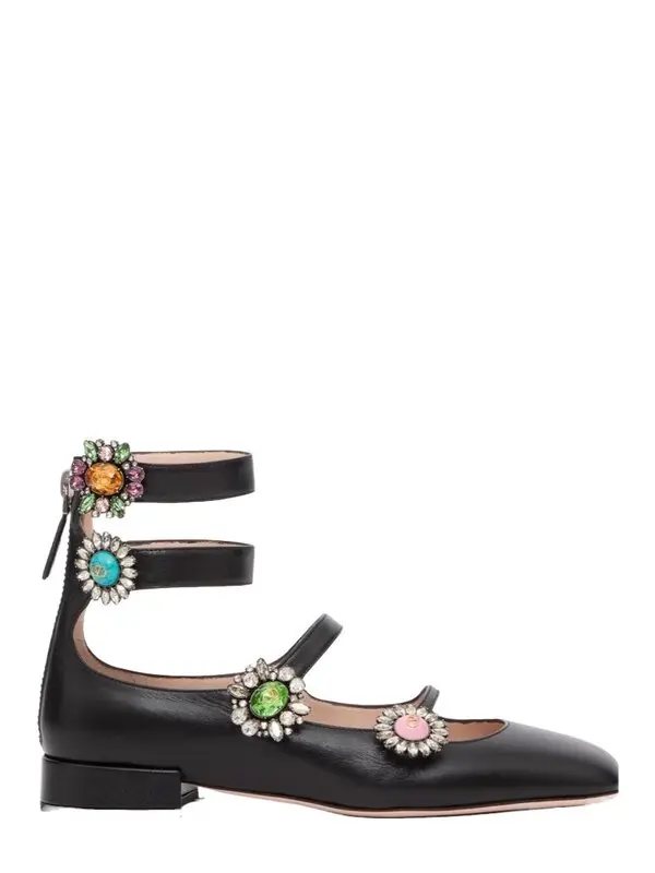 Valentino Garavani Embellished Square Toe Ballerina Flats With Crystal Jewel Button Details - Black