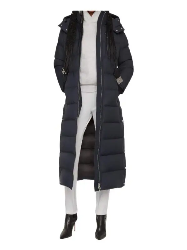 Moose Knuckles Long Down Jacket With Hood And Logo - Black