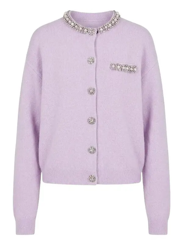 SELF-PORTRAIT Pearl Trim Ribbed Knit Cardigan - Lavender