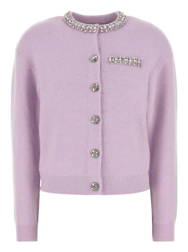 SELF-PORTRAIT Pearl Trim Ribbed Knit Cardigan - Lavender