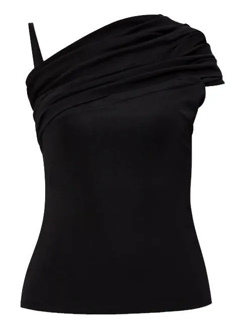 Versace One Shoulder Asymmetrical Top With Pleated Details - Black