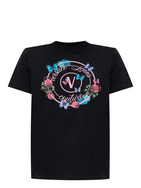 Versace Floral-butterfly Print Crewneck T-shirt - Black