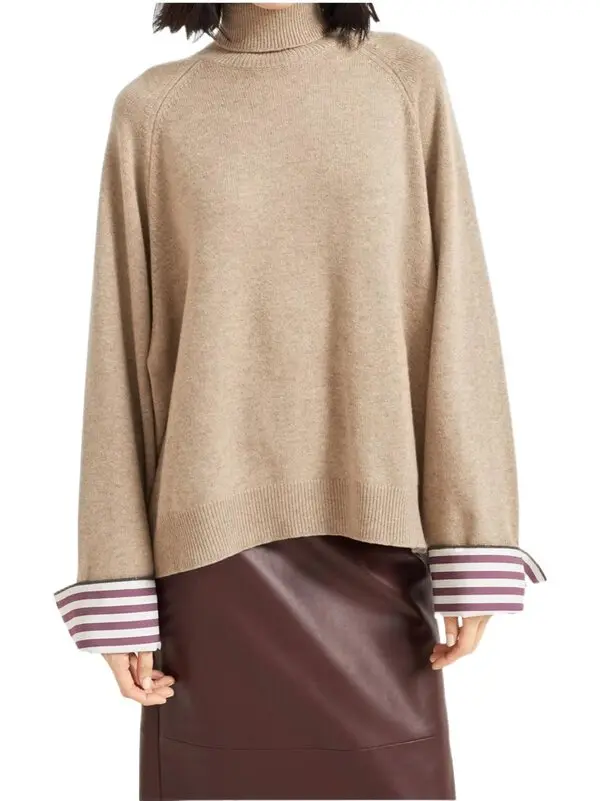 Brunello Cucinelli Roll Neck Sweater With Striped Details - Nude