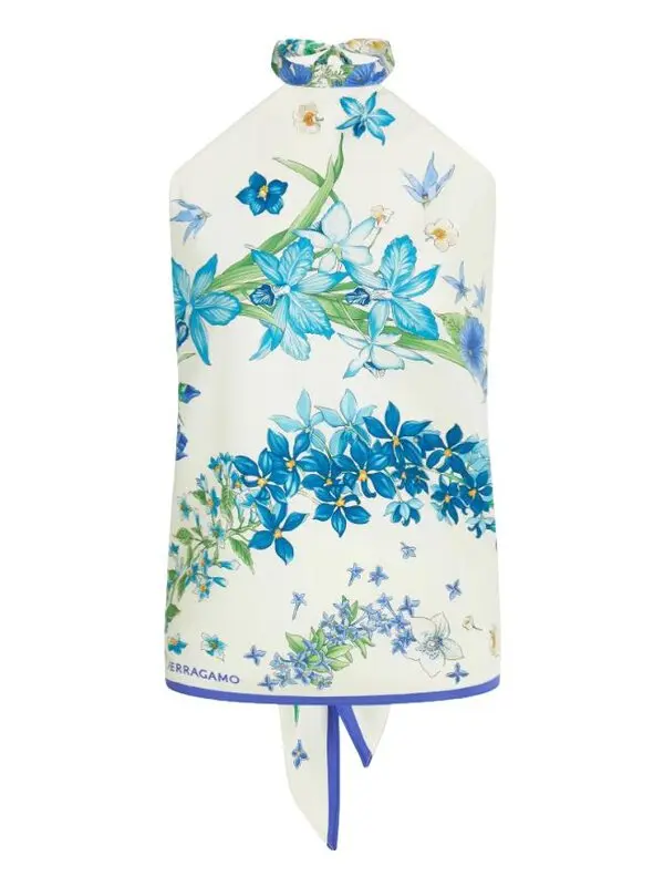 FERRAGAMO Sleeveless Halter Neck Floral Print Foulard Top - Sky-blue