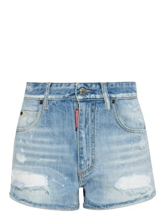 Dsquared2 Distressed Denim Shorts With Rainbow Embroidery - Blue