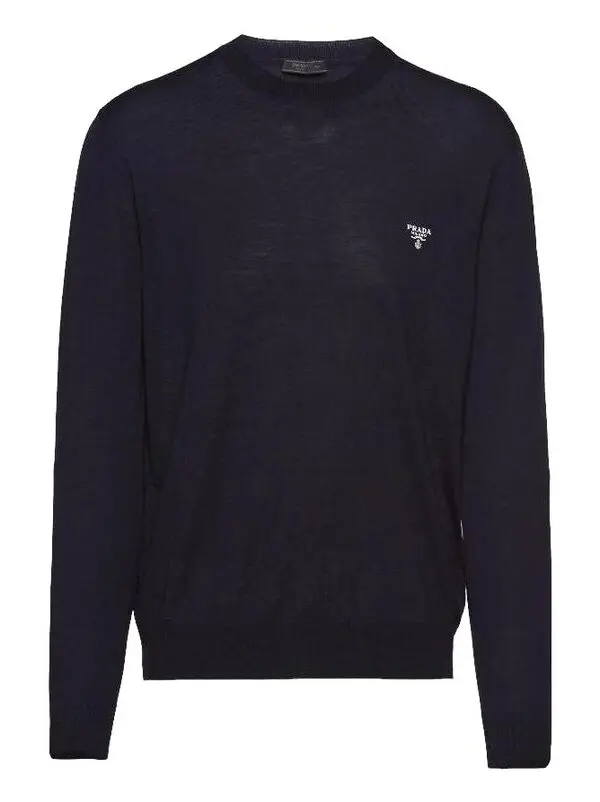 Prada Logo Embroidered Crewneck Jumper - Blue