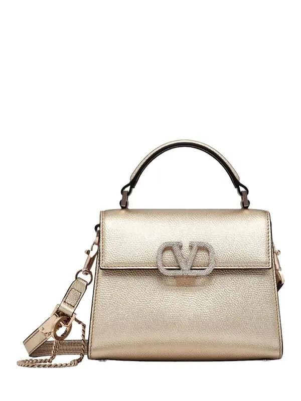 Valentino Garavani Vsling Mini Handbag In Metallic Grainy Calfskin - Nude