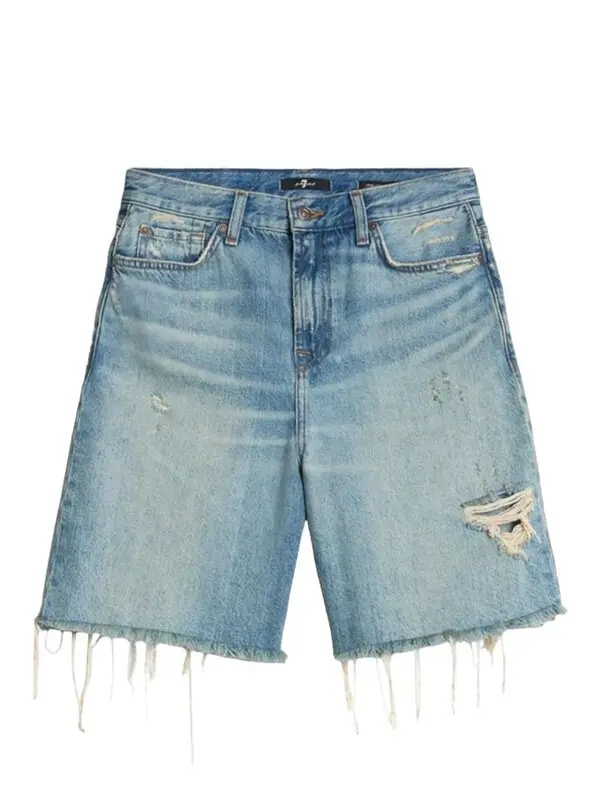 7 For All Mankind Lola Denim Bermuda Shorts With Fringe Hem - Blue