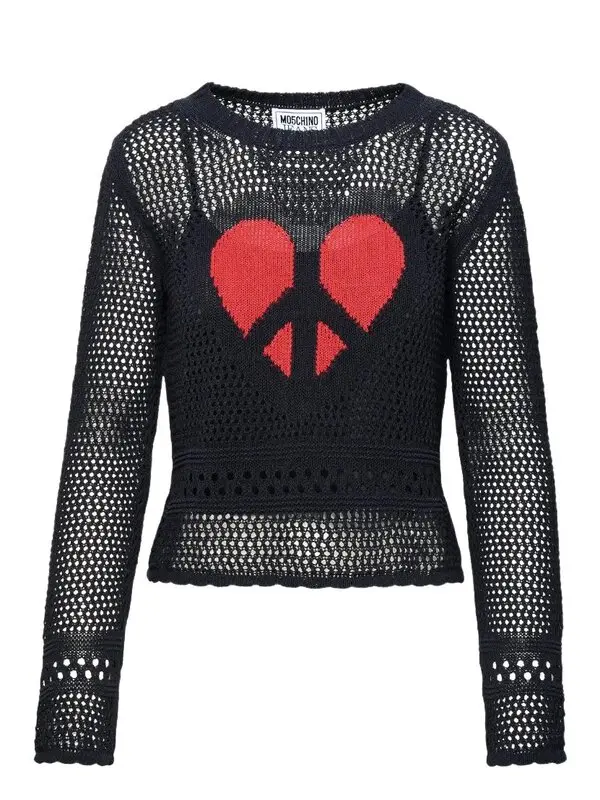 Moschino Crochet Knit Jumper With Heart Logo - Black