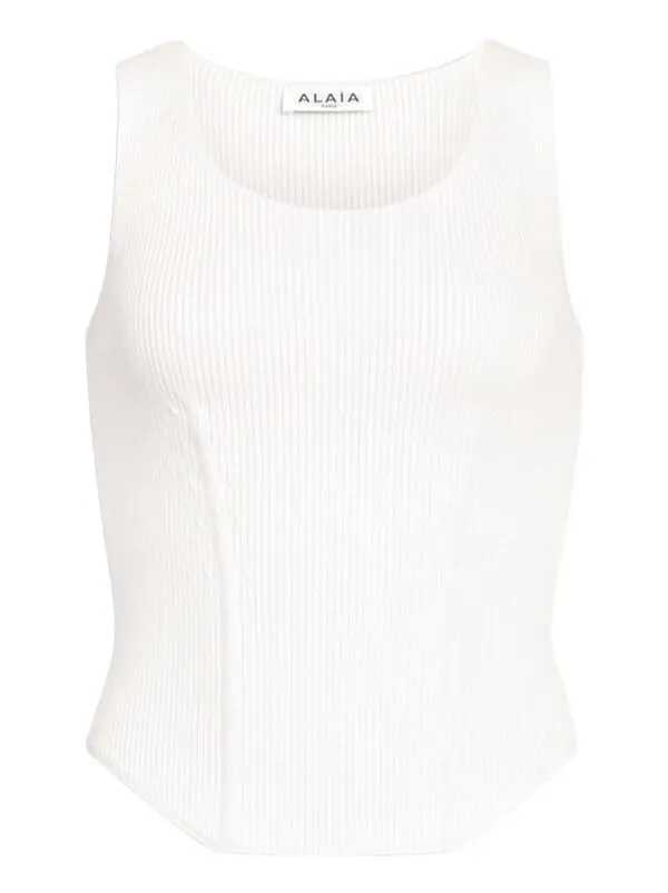 Alaïa Ribbed Crewneck Sleeveless Corset Top With Curved Hem - Natural White