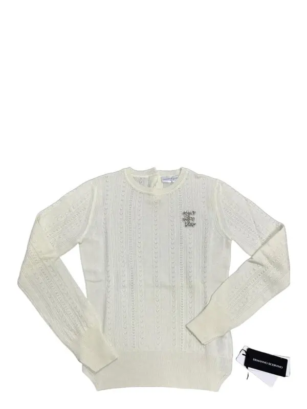 Ermanno Scervino Round Neck Long Sleeve Sweater With Embellishment - White