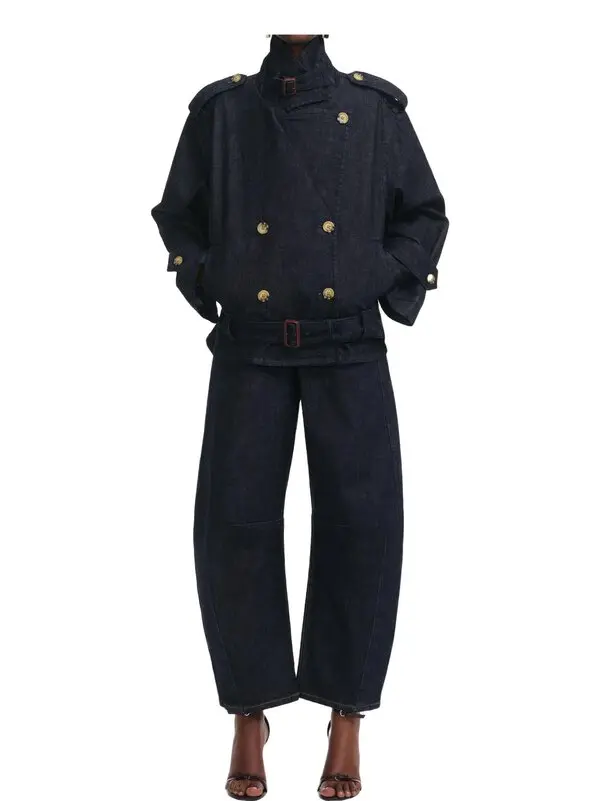 SELF-PORTRAIT Belted Denim Jacket With Exaggerated Collar - Black
