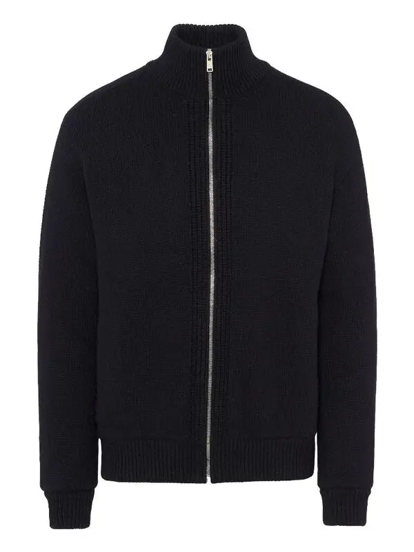 Prada Ribbed Knit Zip-up Cardigan With Triangular Logo - Black