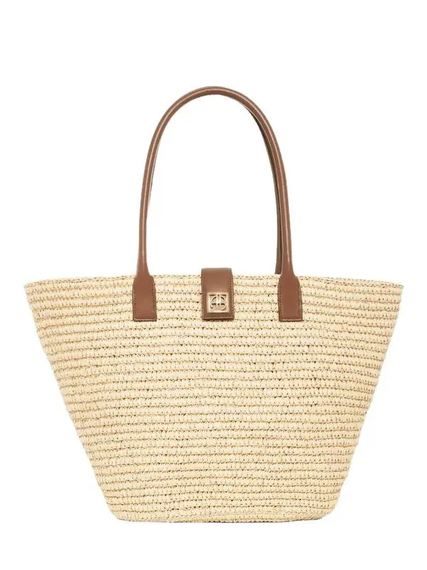 ANINE BING Lou Logo Plaque Top Handle Bag - Natural With Cognac