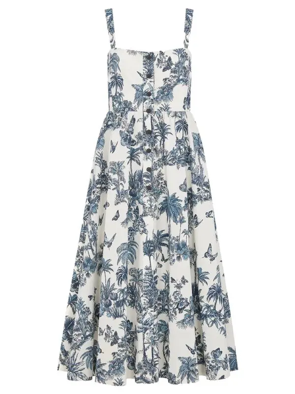 Dior Dioriviera Mid-length Flared Dress With Toile De Jouy Palms Motif - White And Blue