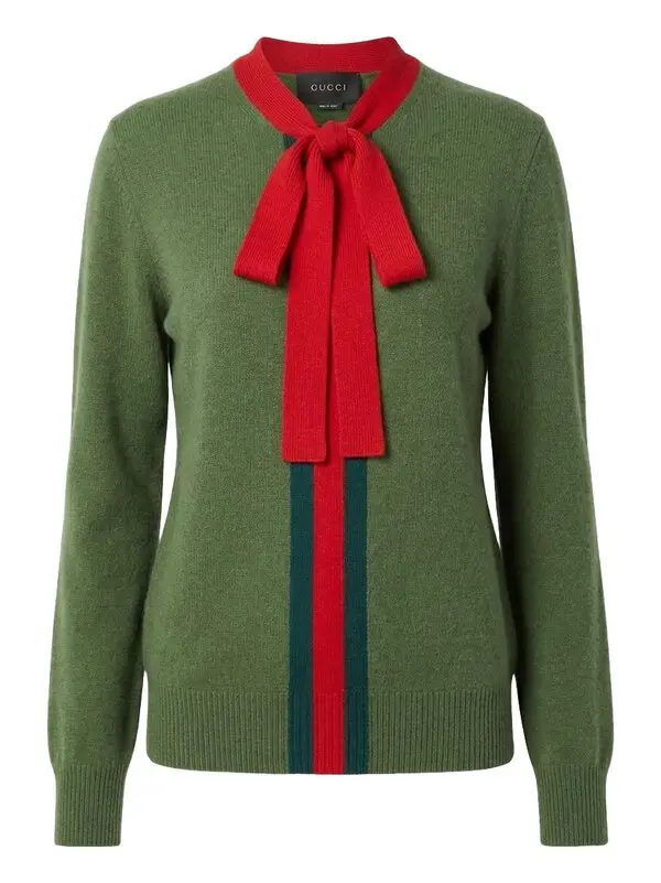 Gucci Cashmere Knit Sweater With Ribbon Detail - Green