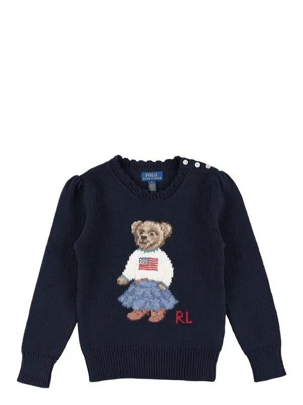 Polo Ralph Lauren Crew Neck Knitwear With Intarsia Polo Bear And Rl Lettering - Black