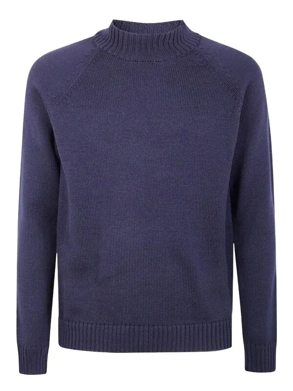 ZANONE Ribbed Knit Mock Neck Long Sleeve Pullover - Blue