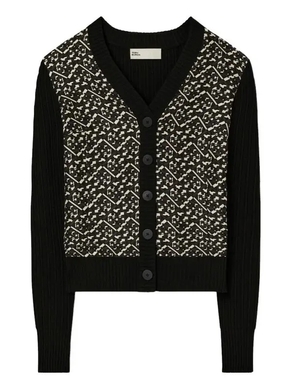 Tory Burch Wool Cardigan With V-neck And Button Front - Black/colorful T Monogram