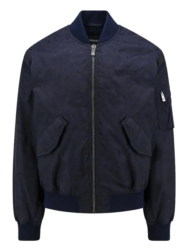 Versace Logo Embroidered Zip-up Bomber Jacket - Black