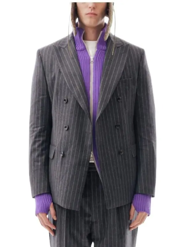 LC23 Long Sleeve Double Breasted Blazer With Pin Stripes - Black