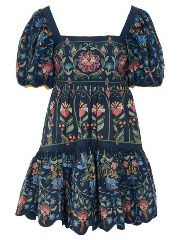 Farm Rio Garden Embroidered Square Neck Mini Dress - Blue