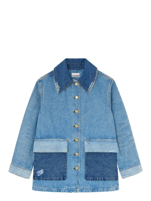 GANNI Patchwork Midi Denim Jacket - Blue