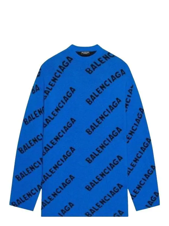 Balenciaga Allover Logo Intarsia Knit Pullover - Blue