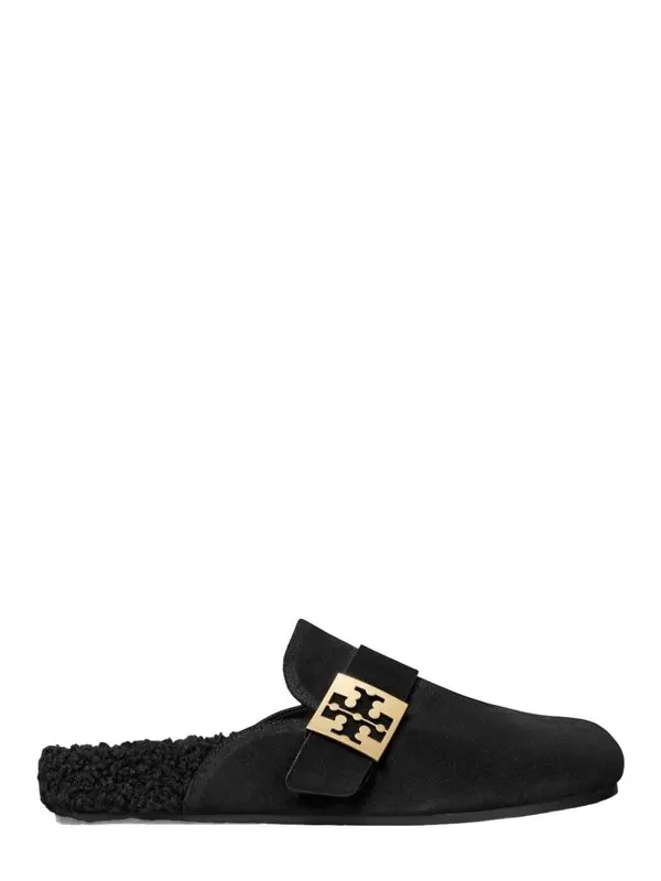 Tory Burch Mellow Mules With Gold Hardware Buckle Closure - Black
