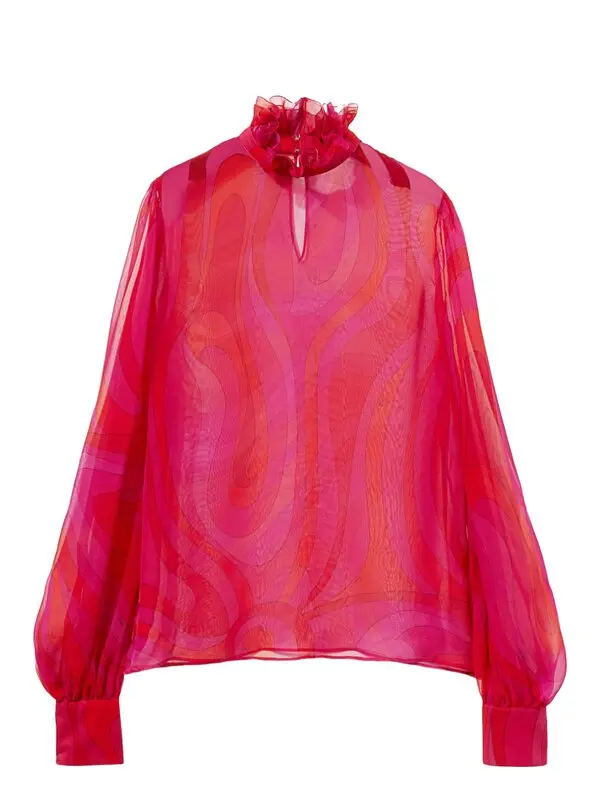 Emilio Pucci Semi-sheer Silk Chiffon Printed Blouse - Bright Red/fuchsia/bright Orange/bright Pink