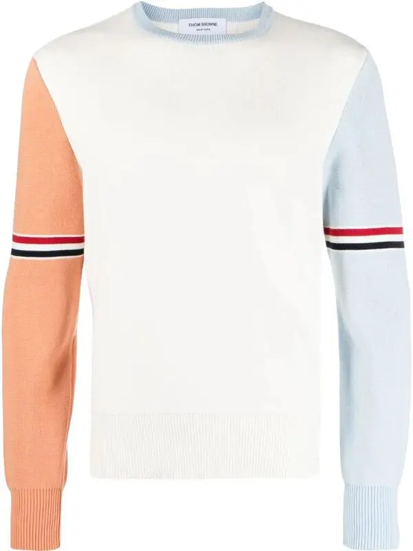 Thom Browne Color-block Crewneck Sweater With Signature Stripes - White