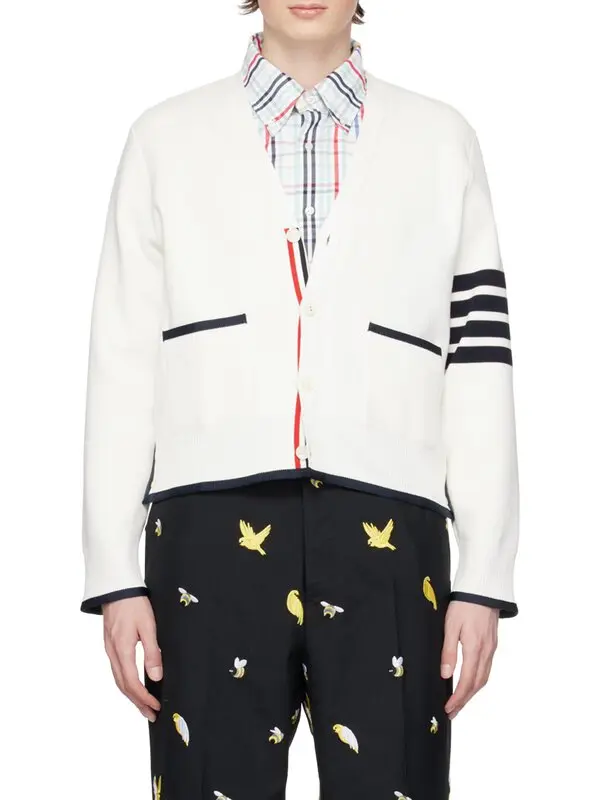 Thom Browne 4-bar Striped Merino Cotton V-neck Cardigan - White