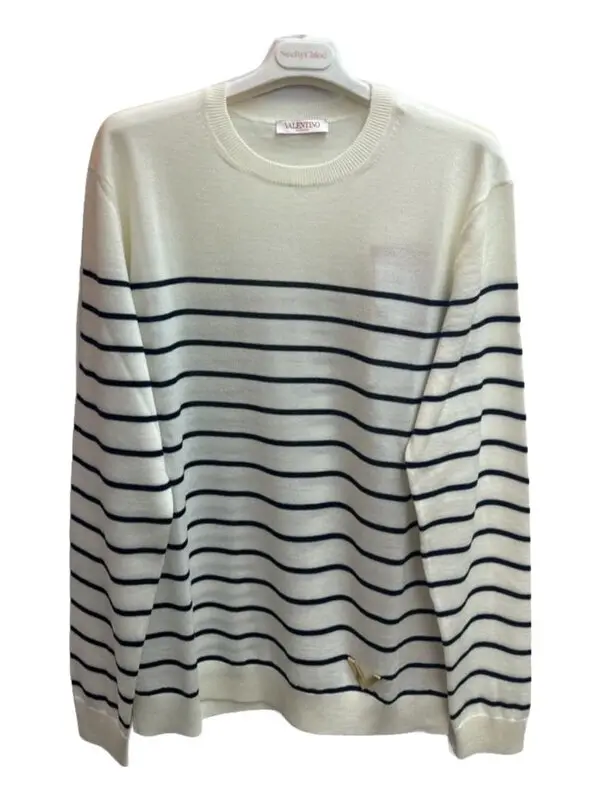 Valentino Garavani Round Neck Striped Long Sleeve Sweater - Gray